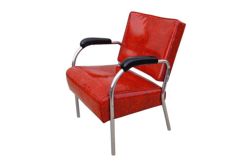 Tubular Chrome and Red Naugahyde Style Moderne Armchair - Machine Age ...