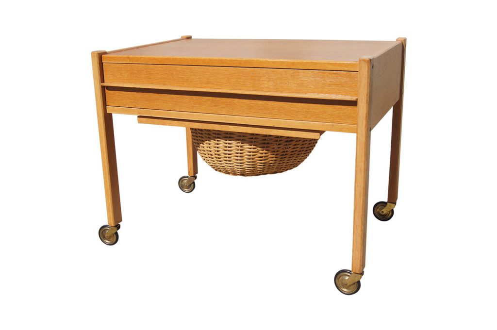 Oak and Wicker Danish Modern Rolling Sewing Cart - Machine Age - New ...