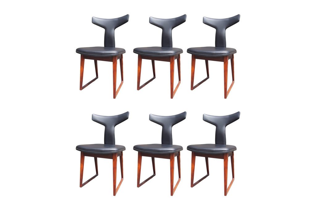 Set of Six Leather and Rosewood T-Back Dining Chairs - Machine Age ...